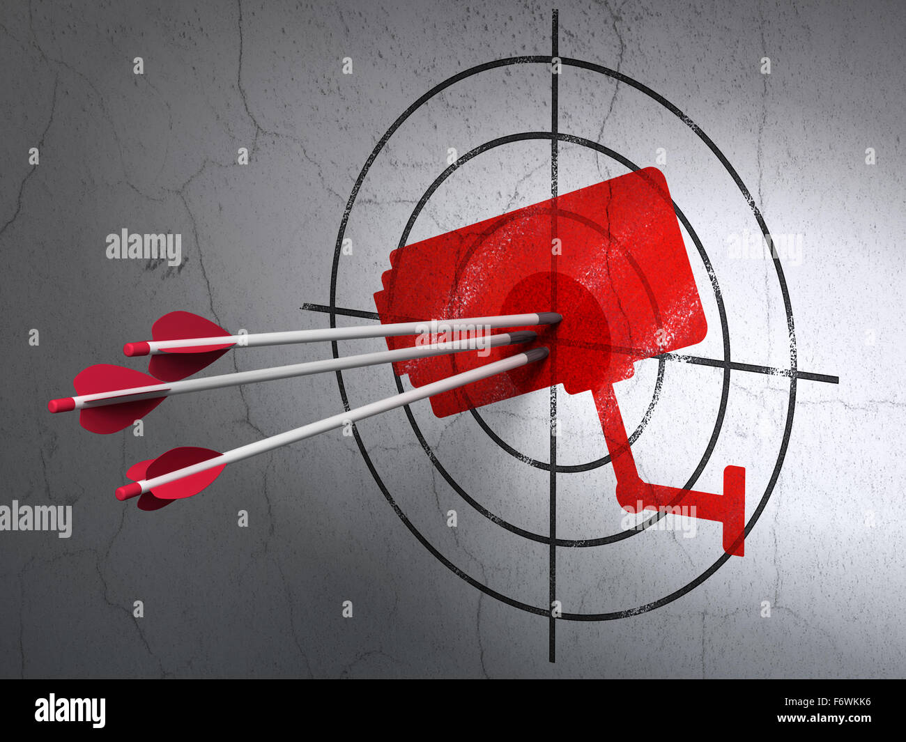 Protection concept: arrows in Cctv Camera target on wall background ...