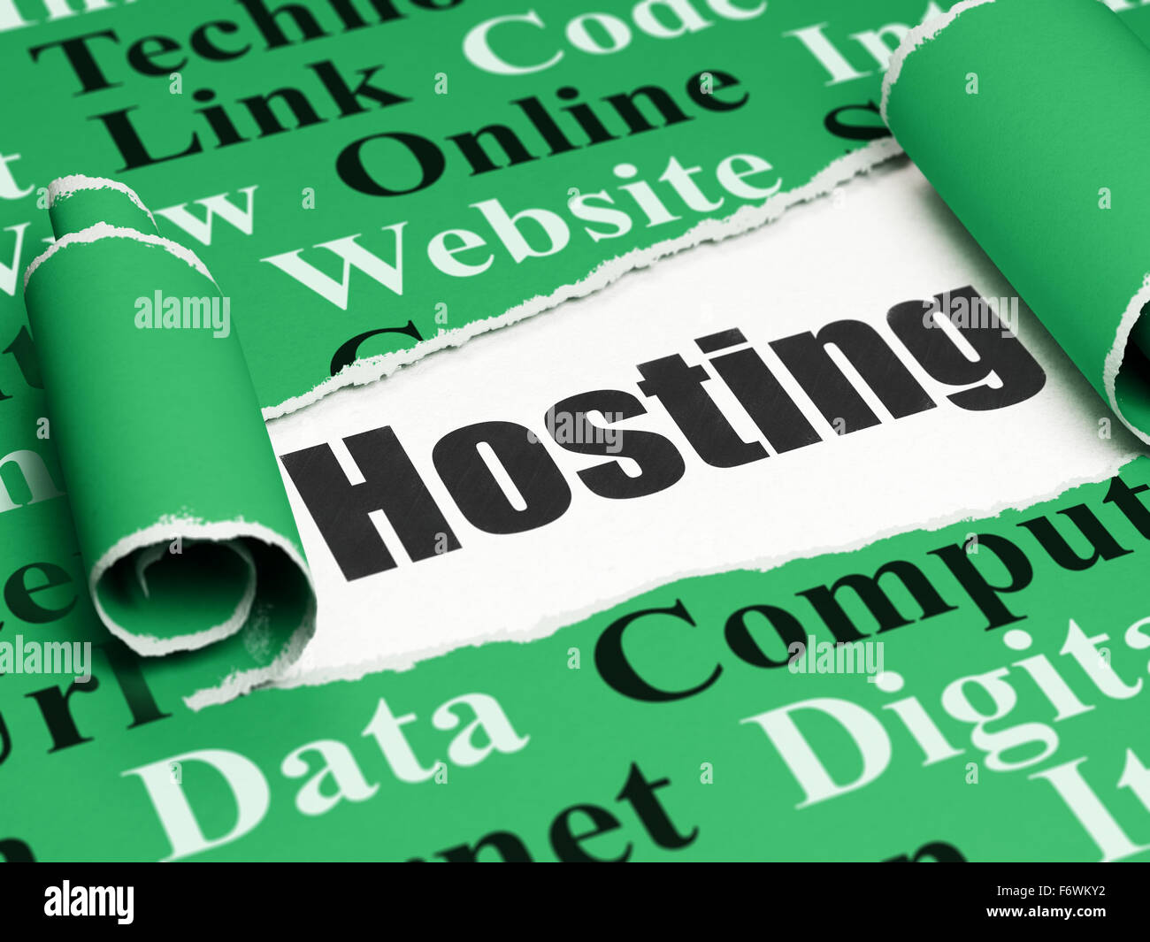Web design concept: black text Hosting under the piece of torn paper ...
