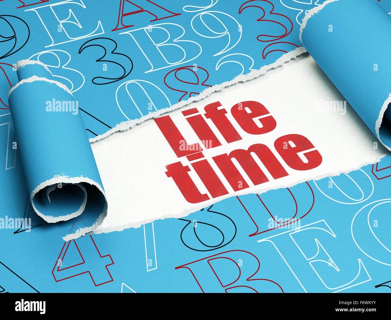 Timeline concept: red text Life Time under the piece of torn paper ...