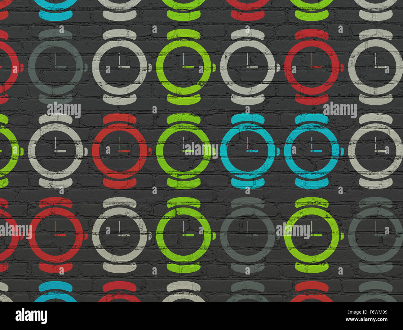 Timeline concept: Hand Watch icons on wall background Stock Photo - Alamy
