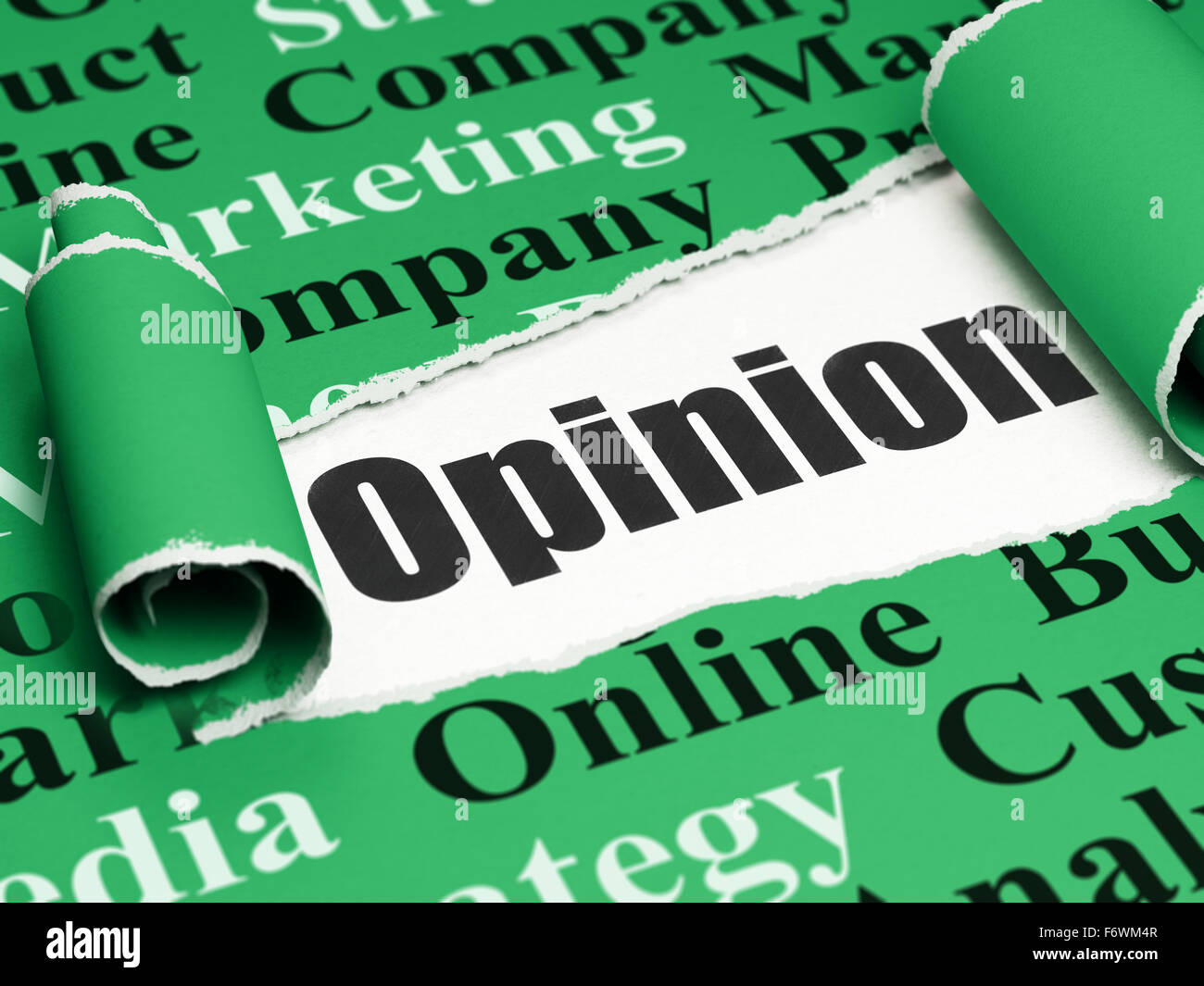 Advertising concept: black text Opinion under the piece of torn paper ...