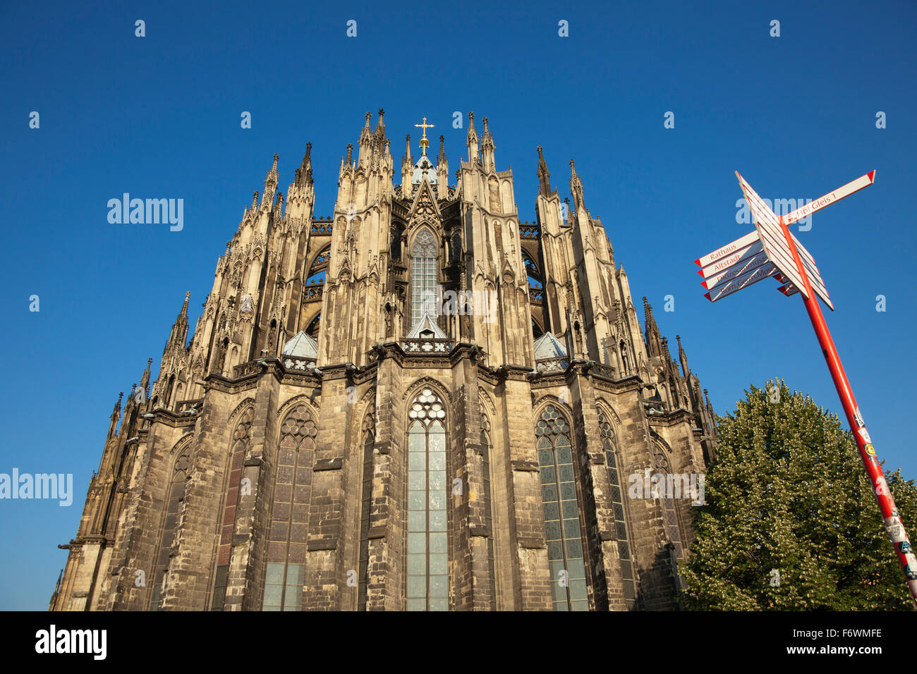 Apse of the cathedral with touristic information sign, Cologne, Rhine ...
