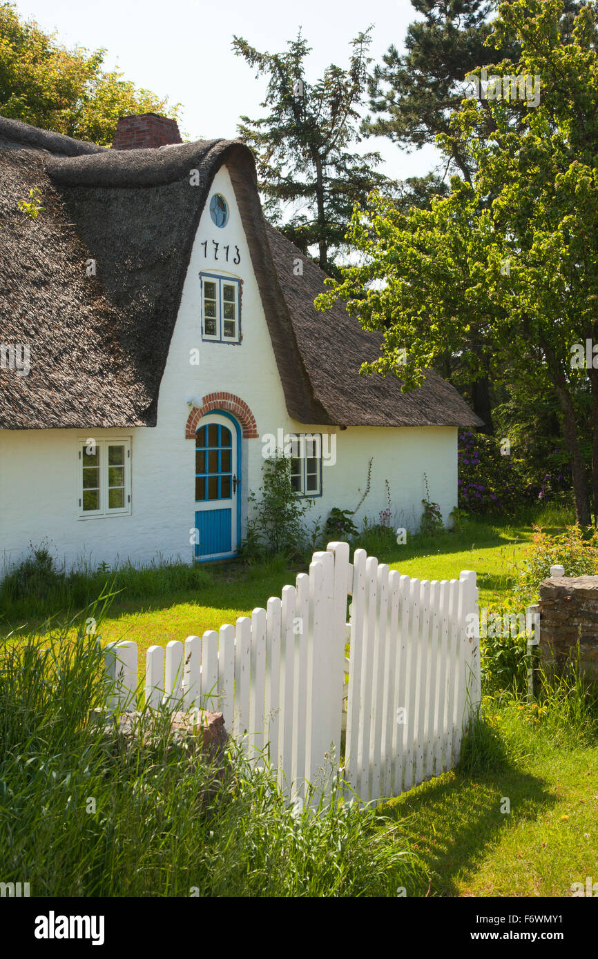 Frisian house with thatched roof, Sueddorf, Amrum island, North Sea ...