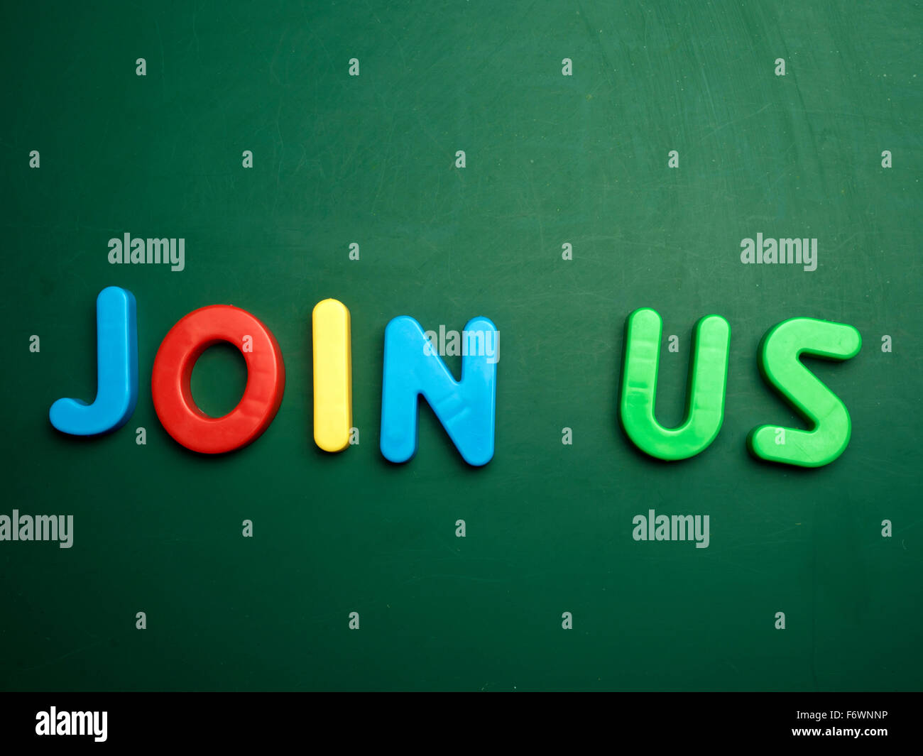 join us concept in colorful letters isolated on blank blackboard Stock ...