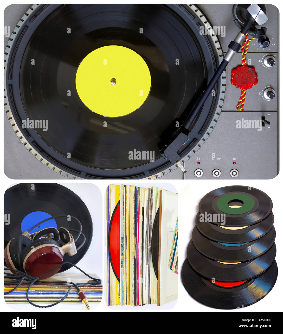 Collage vinyl records, stereo headset and turntable Stock Photo - Alamy