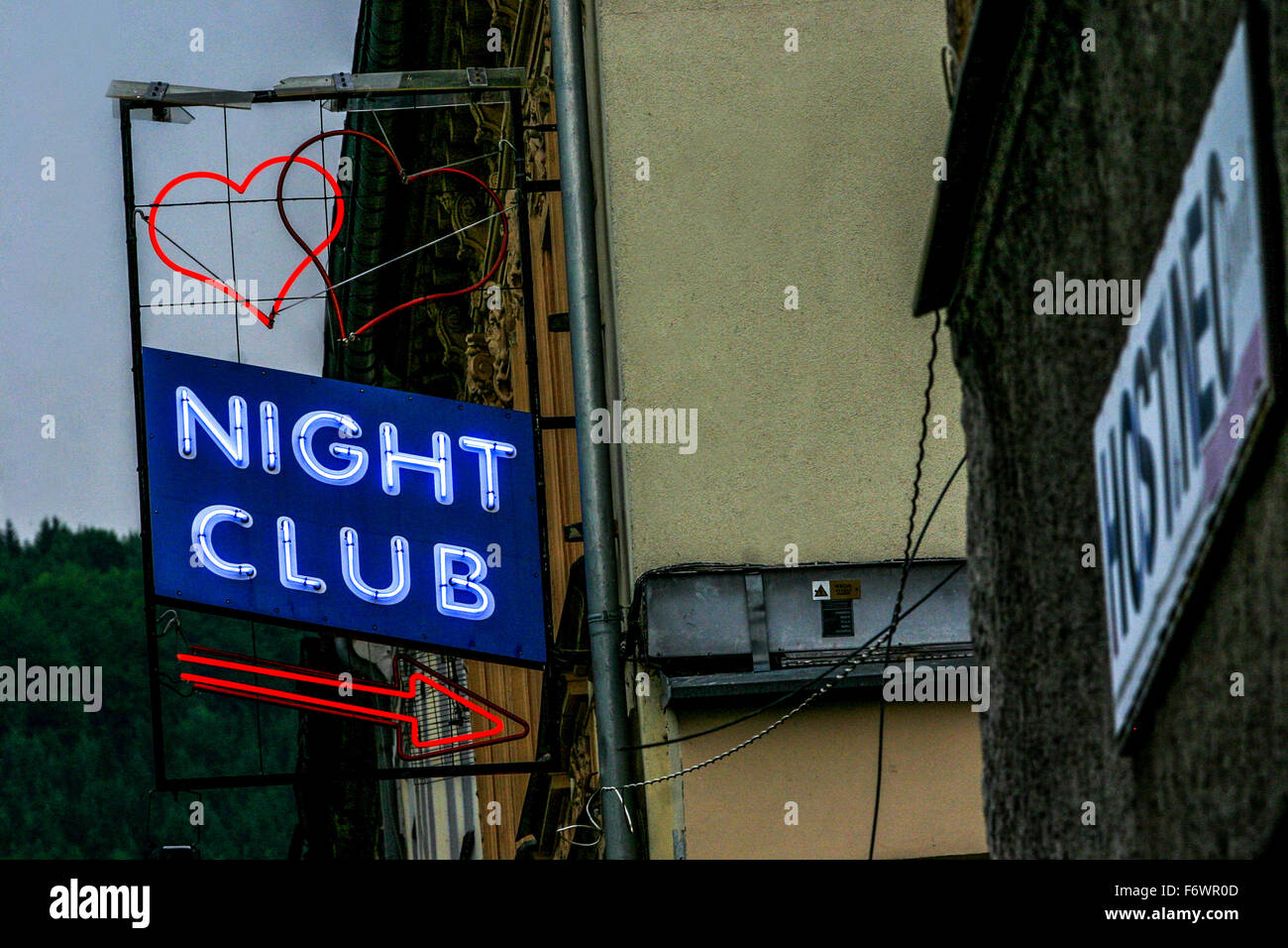 Night club sign, Jachymov West Bohemian spa town, Czech Republic Stock ...