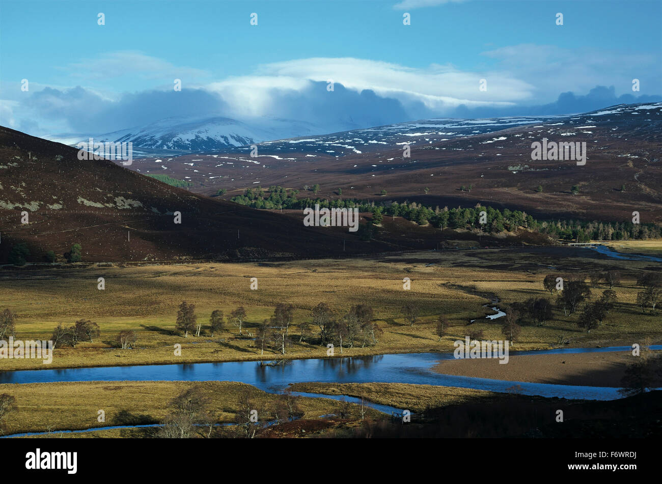 Mountain scenery with river Dee, Cairngorms National Park, Grampian ...