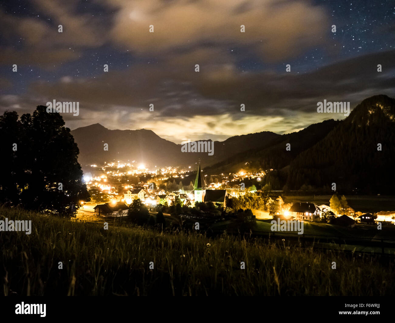 View ot Saanen at night, Gstaad, Canton of Bern, Switzerland Stock ...