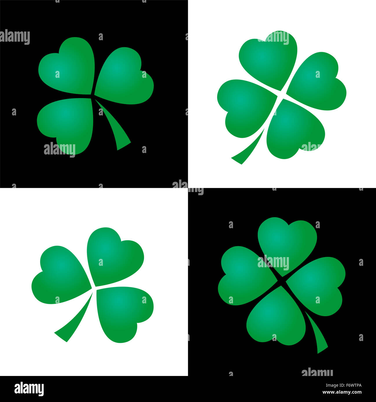 Shamrock pattern, three and four leaved clovers on black and white ...