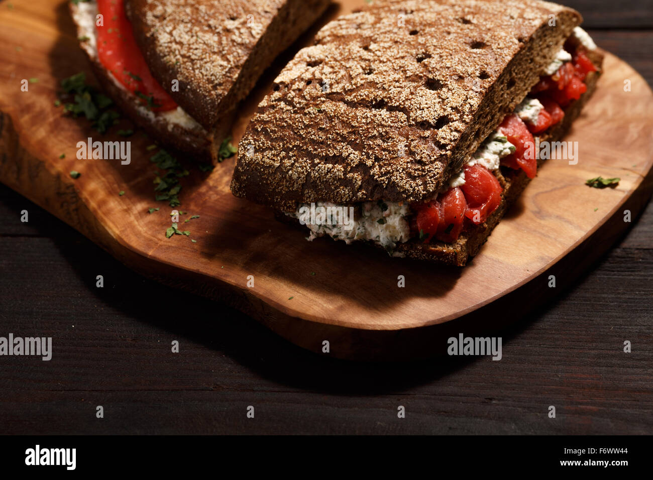 Sandwich with dark wholegrain rye bread and salmon. Healthy eating ...