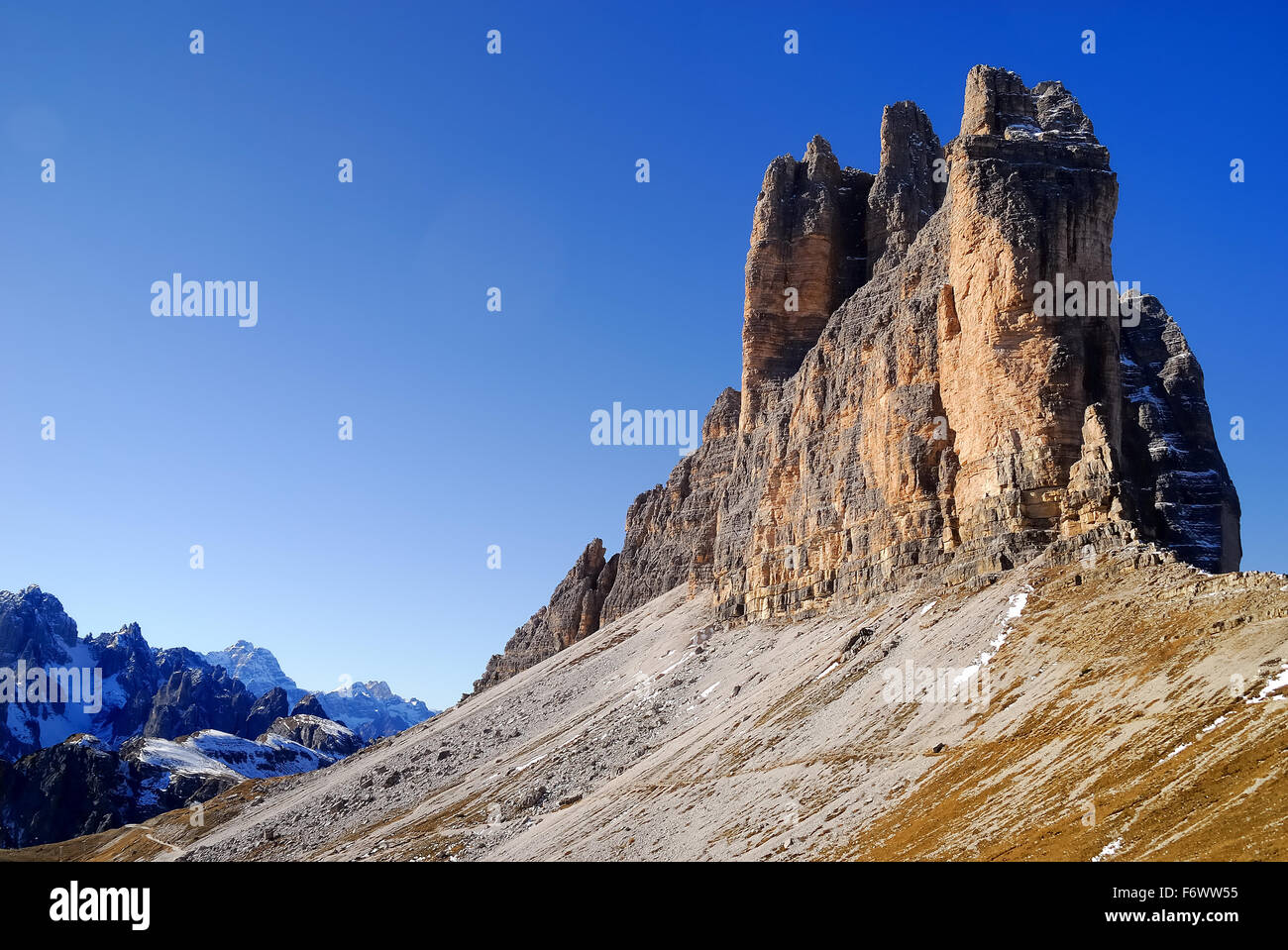 Dolomites, Dolomiti. The Tre Cime di Lavaredo, the Yellow edge. The Tre ...