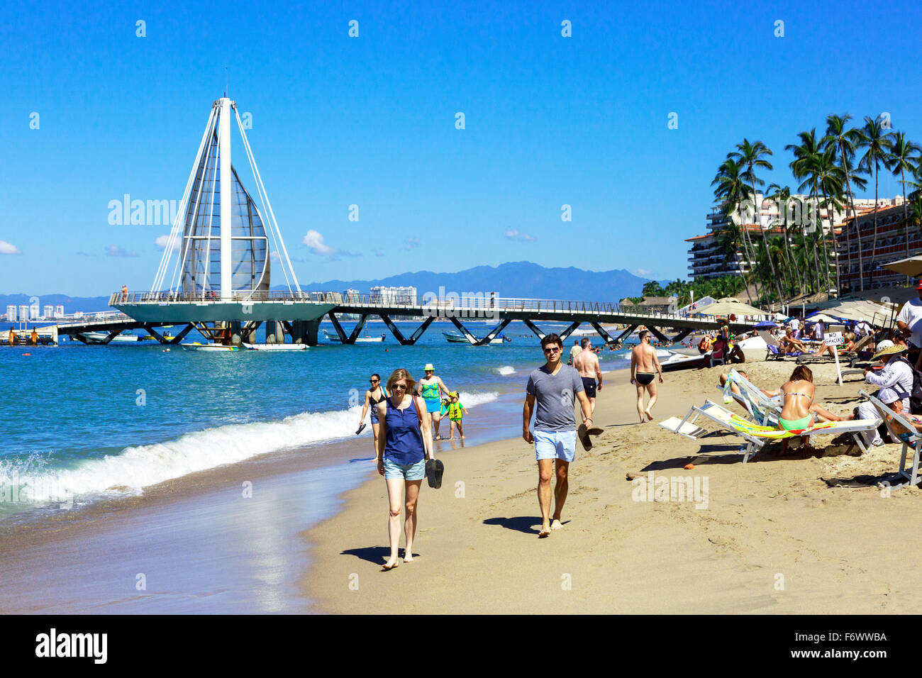 Beach at Zona Romantica, old town of Puerto Vallarta, Mexico with the ...