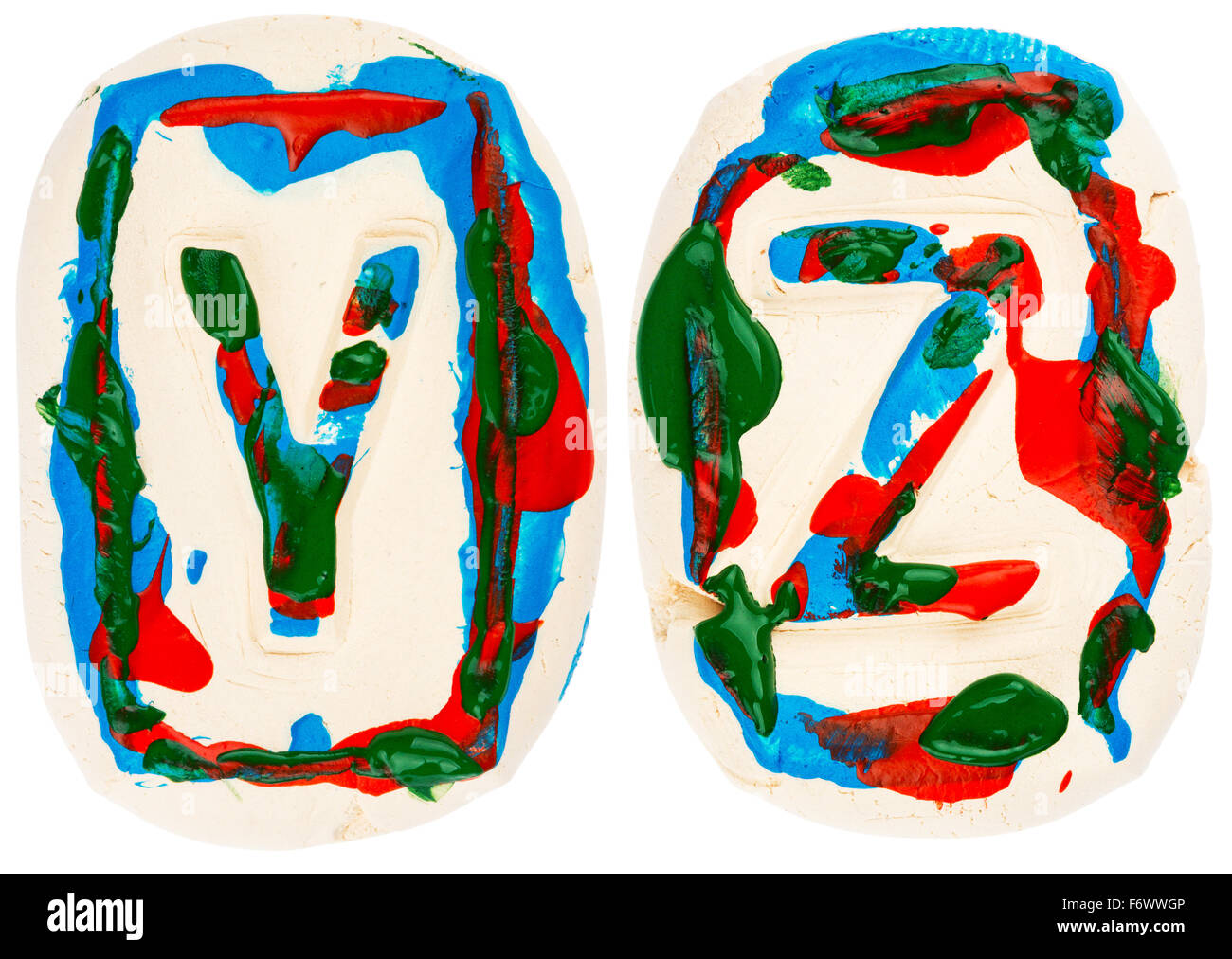 Letters made of white clay painted with colorful acrylic paints ...