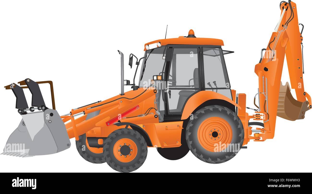 An Orange Bucket Excavator and Backhoe isolated on white Stock Vector ...