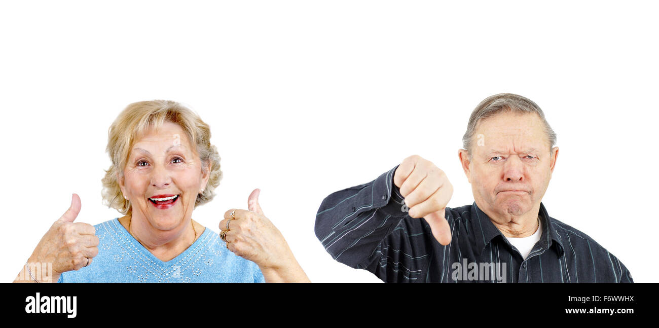 Senior woman giving two thumbs up and grumpy man thumb down Stock Photo ...