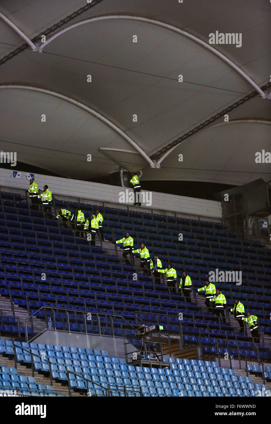 Security personal search through the spectator seating Volksparkstadion ...