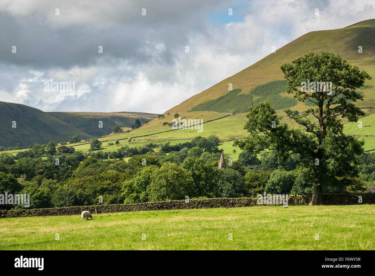 The spire of the church at Edale in the Peak District, Derbyshire above ...
