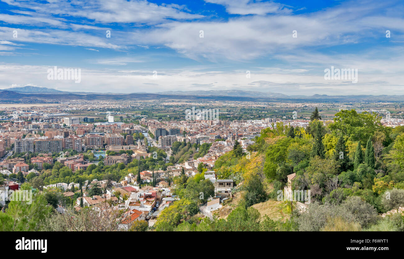 GRANADA VIEW FROM HILL ABOVE THE ALHAMBRA WITH CASTLE GARDENS IN THE ...