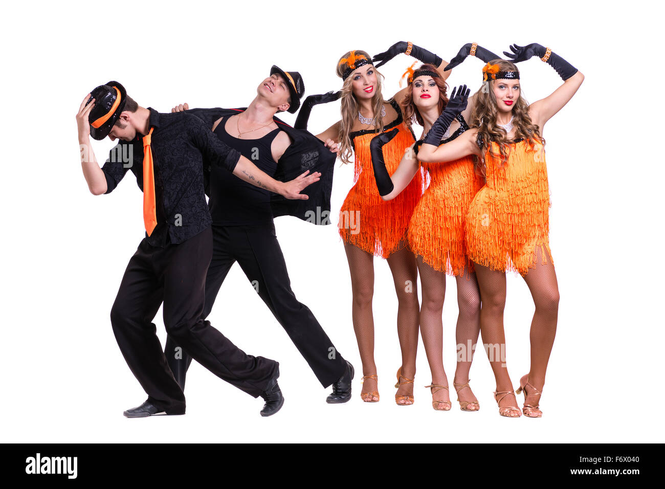 Cabaret dancer team dancing. Isolated on white background in full ...