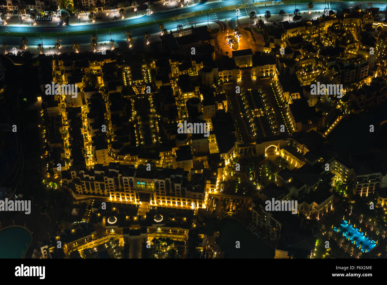 Dubai downtown night scene with city lights. Top view from above Stock ...