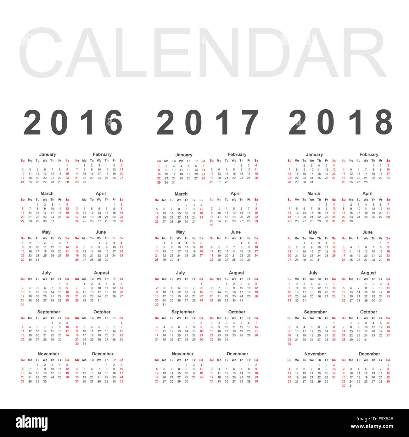 Calendar for 2016, 2017 and 2018 year Stock Photo - Alamy