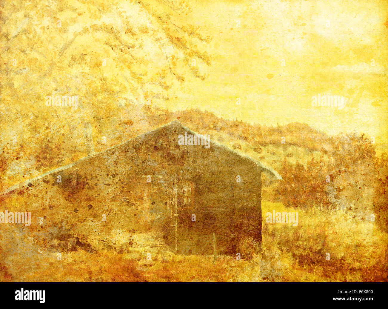 wooden cabin in a forest in the mountains, painting sepia effect, retro ...