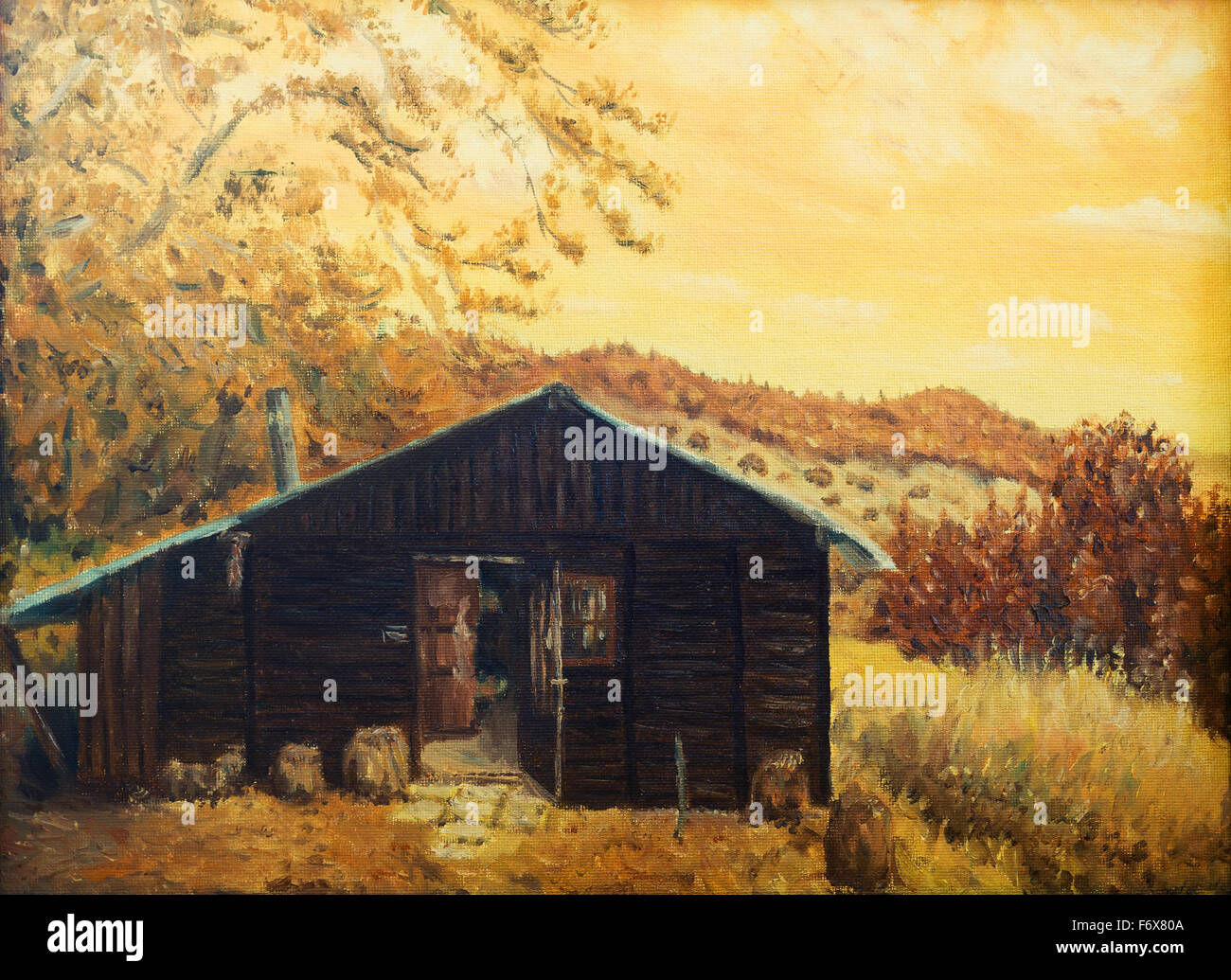 wooden cabin in a forest in the mountains, painting sepia effect, retro ...