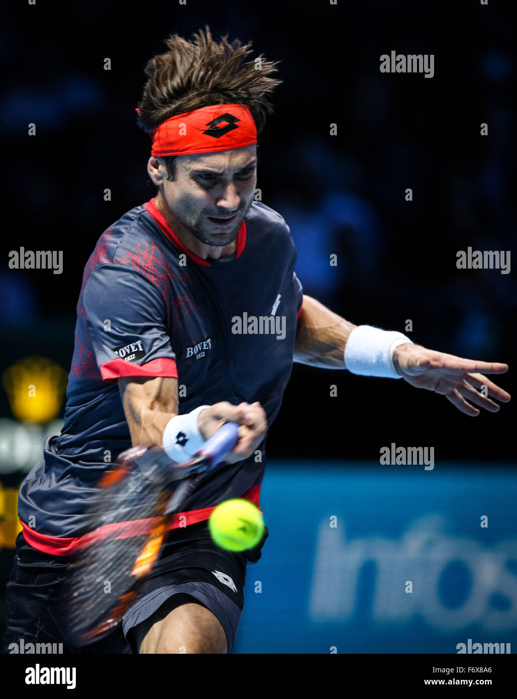 London, Britain. 20th Nov, 2015. Spain's David Ferrer hits a return ...