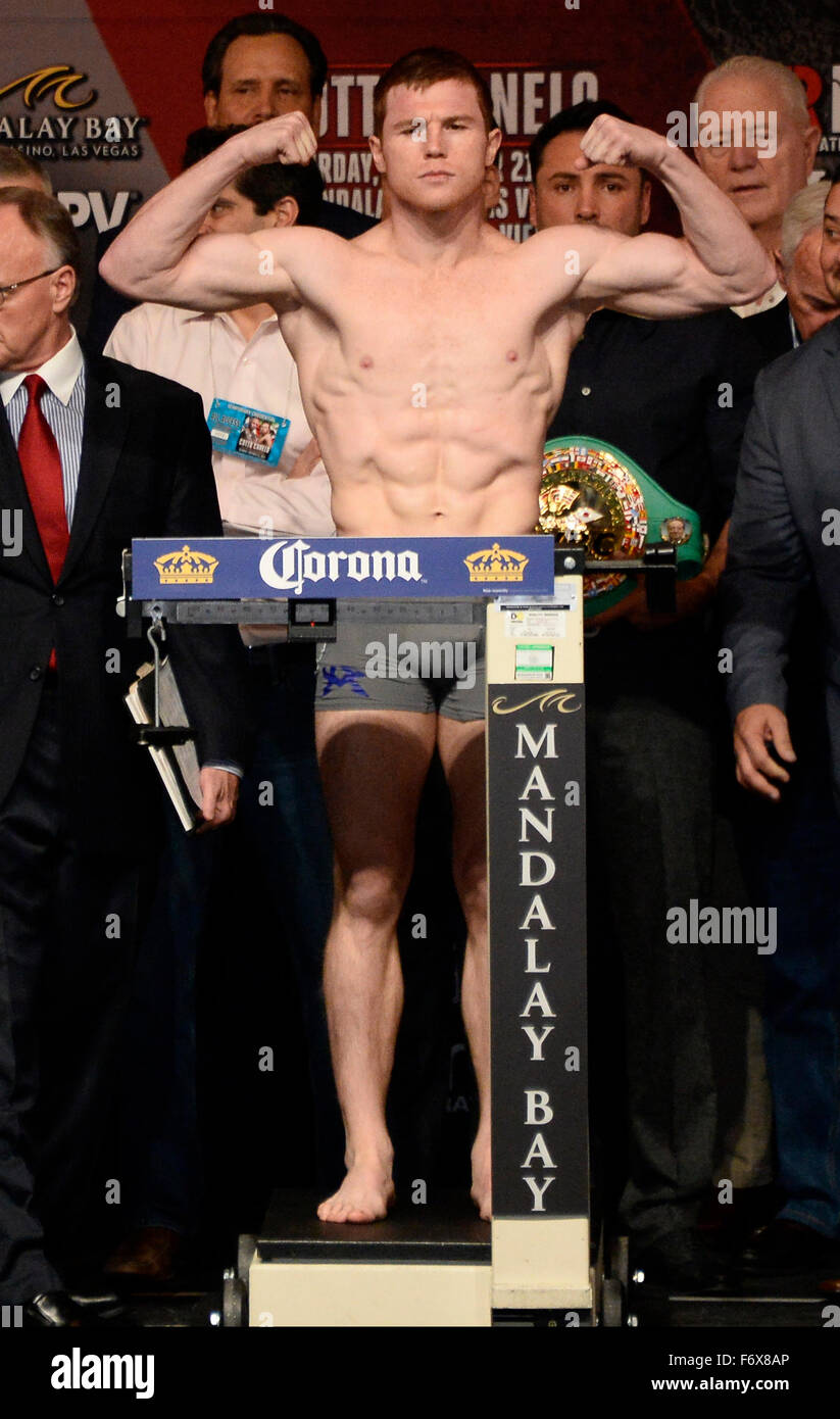 Usa. 20th Nov, 2015. Mexico's Canelo Alvarez weighs-in at 155 pounds ...