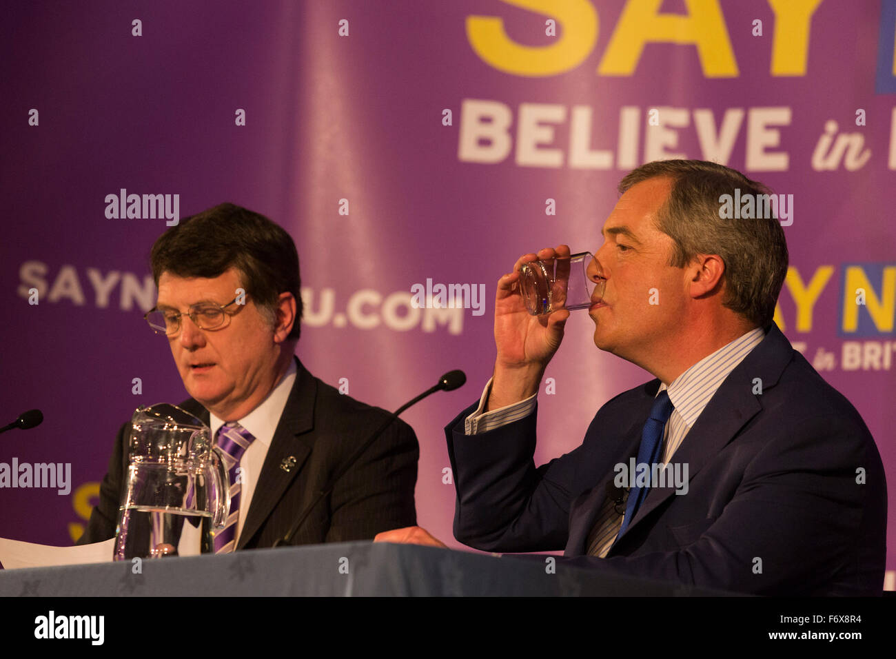 London, UK. 20 November 2015. Gerard Batten MEP and Nigel Farage at a Q ...