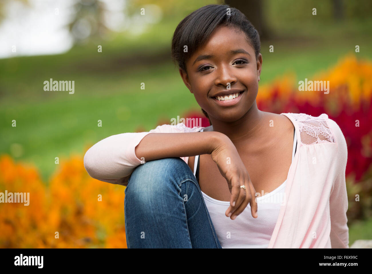 Portrait of a teenage girl in a park; Edmonton, Alberta, Canada Stock ...