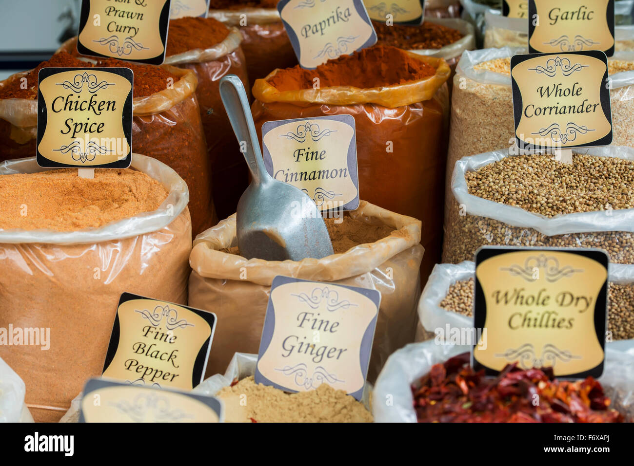 Various spices for sale at the market; Pretoria, Gautang, South Africa ...