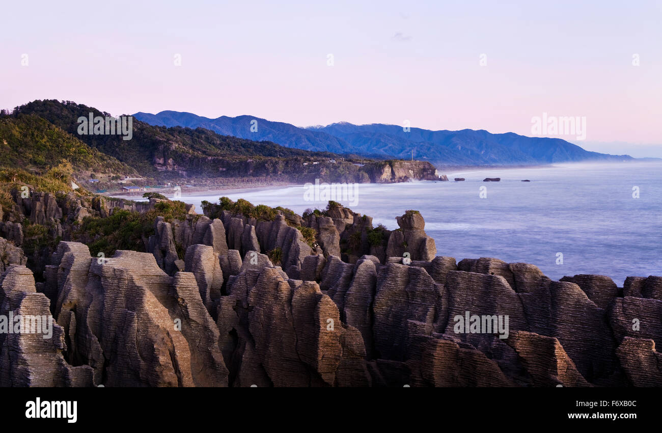 Rock formations at sunset; Punakaiki, South Island, New Zealand Stock ...