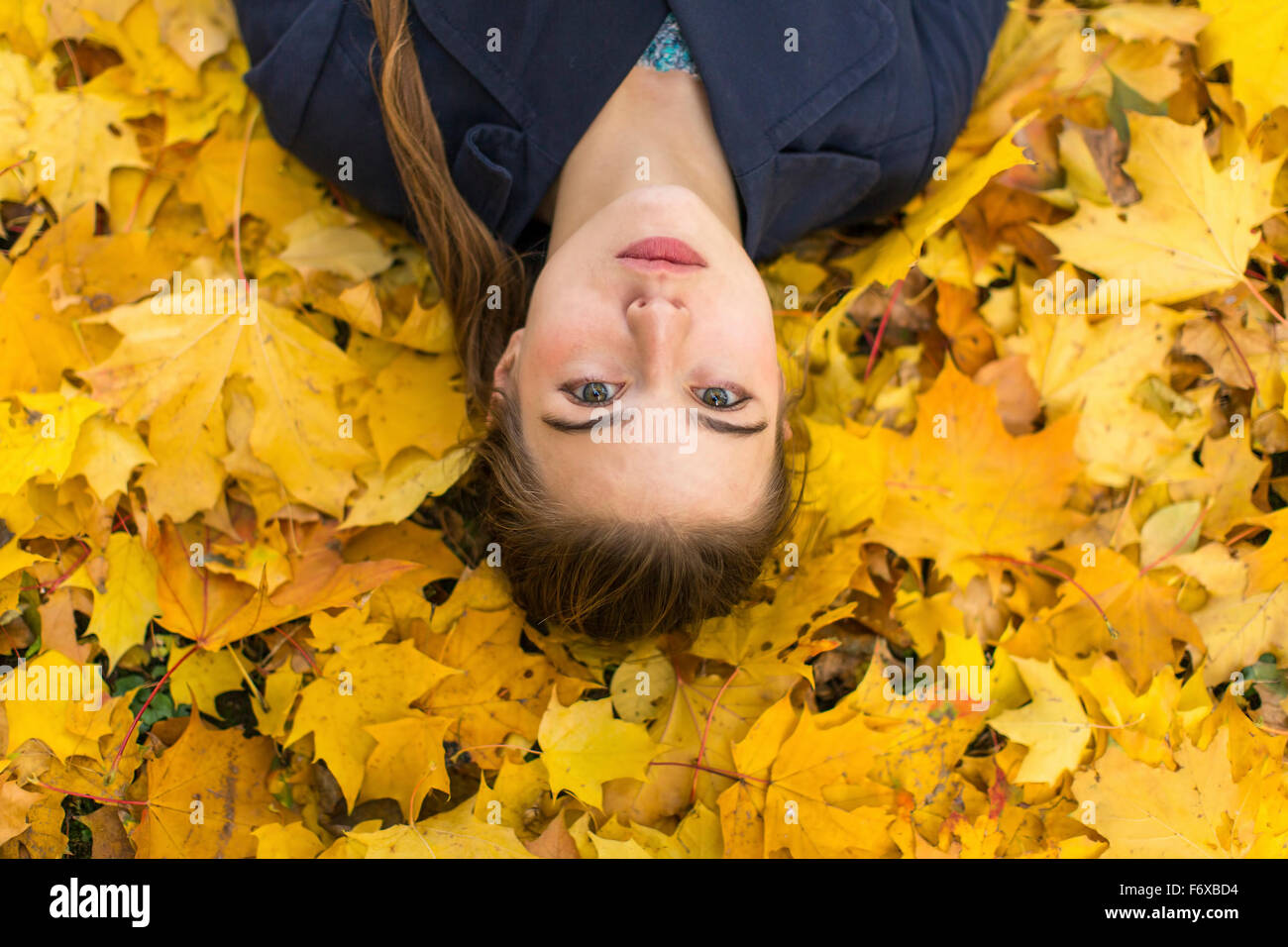 Young pretty girl lying on fallen autumn leaves Stock Photo - Alamy