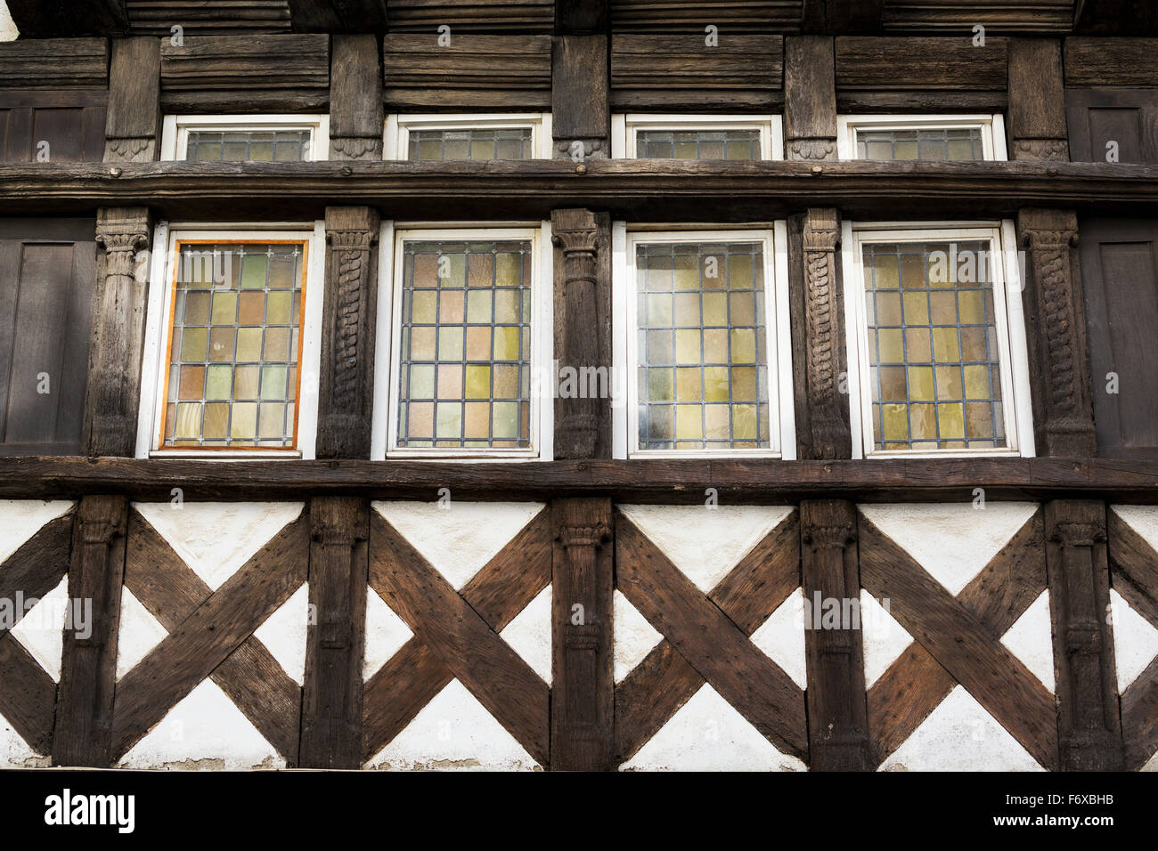 Close up of half timbered wooden structure and details on the side of a ...