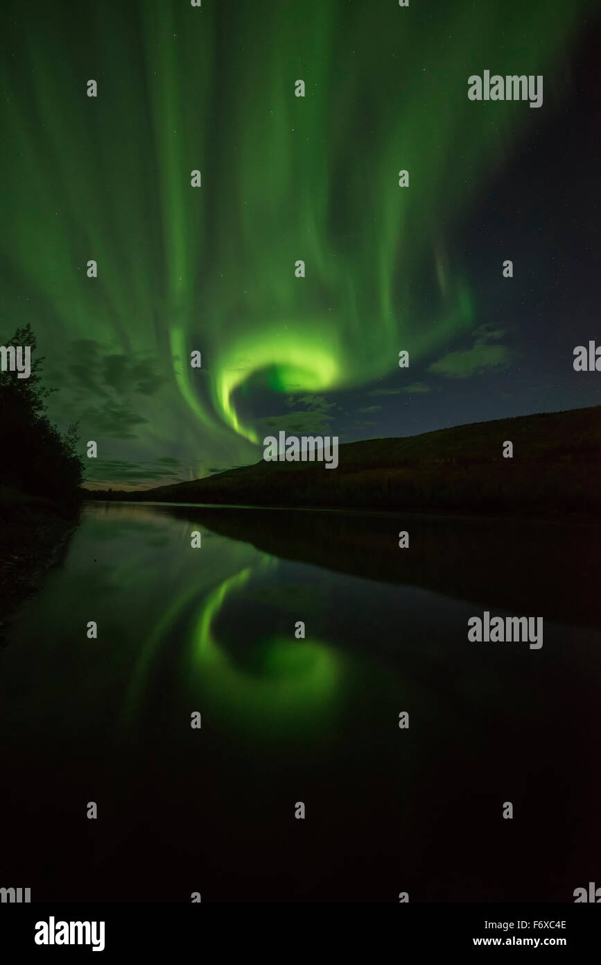 Northern Lights (aurora borealis) over the Pelly River; Ross River ...