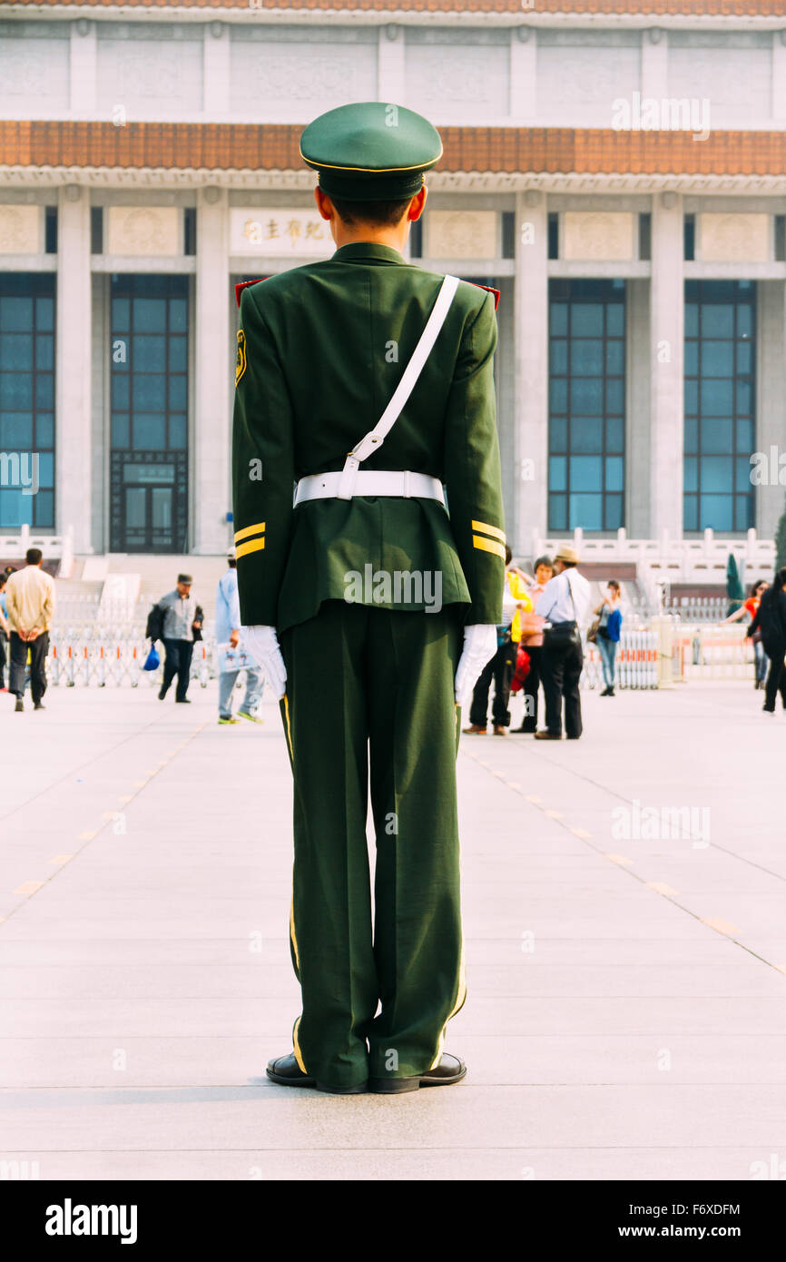 Beijing, China - A guard soldier at Tiananmen Square in the daytime ...