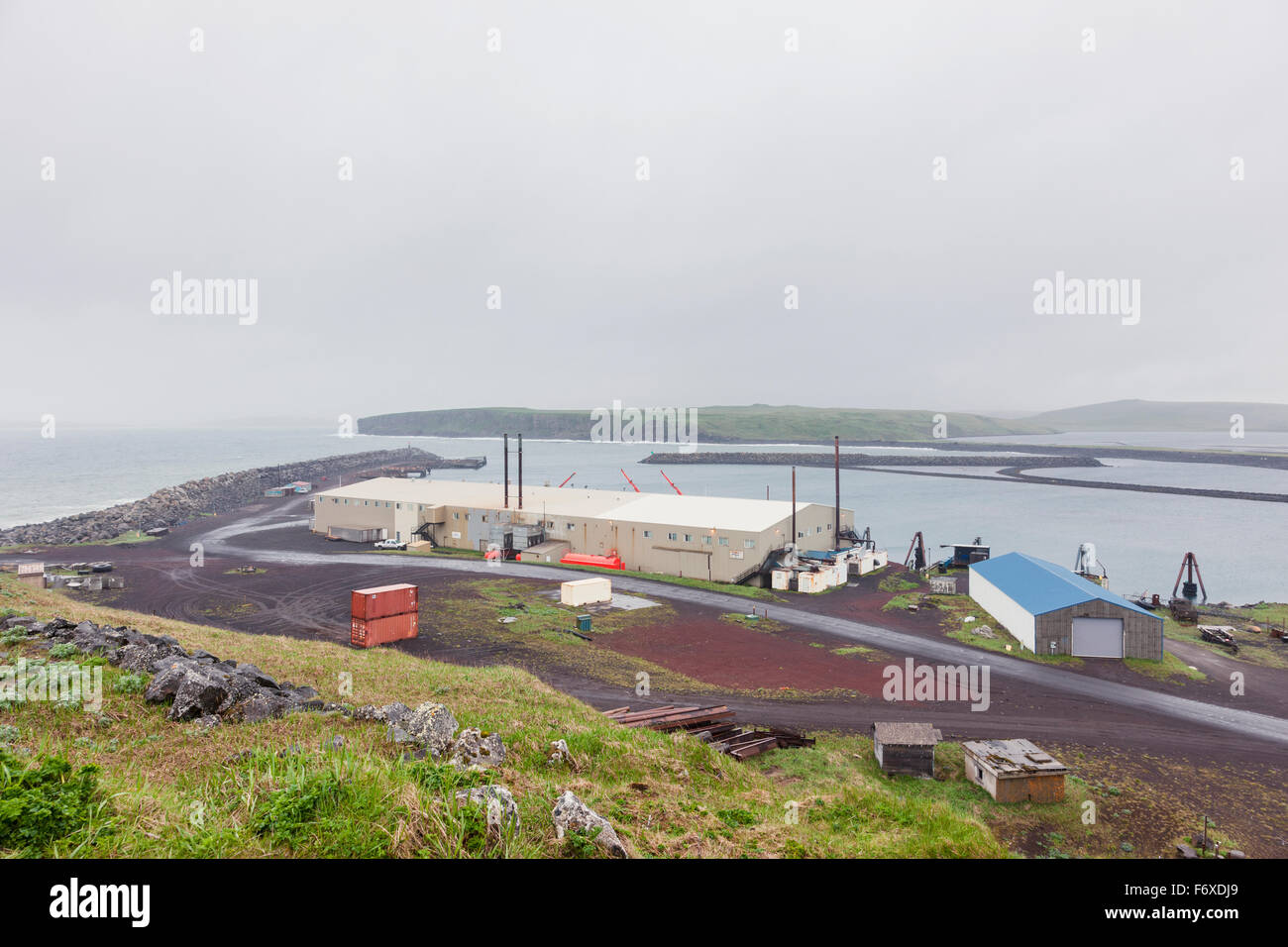 St. Paul harbor, industrial cranes, and port warehouse, St. Paul Island ...