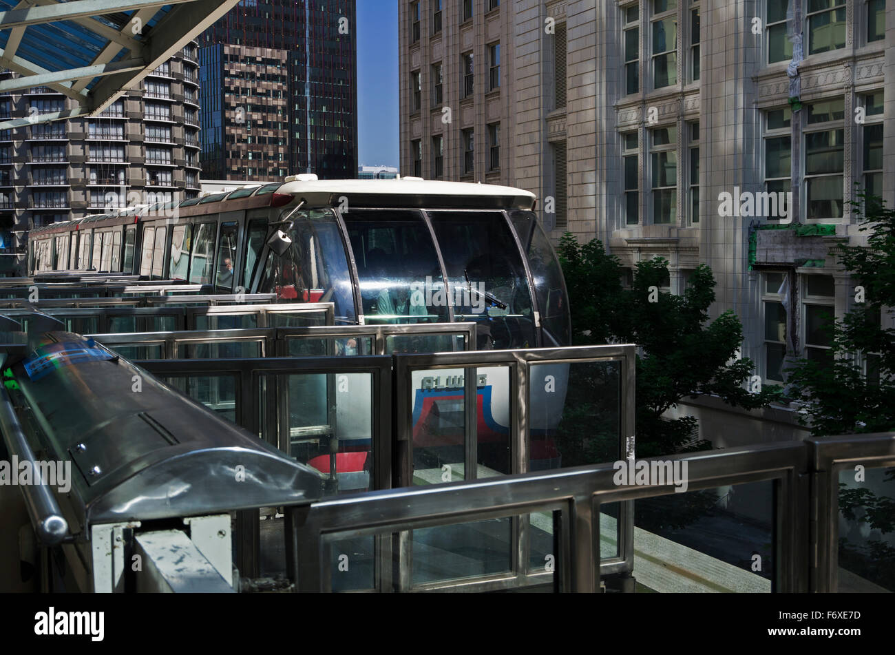 Seattle Center Monorail Skytrain arrives at Westlake Centre station ...