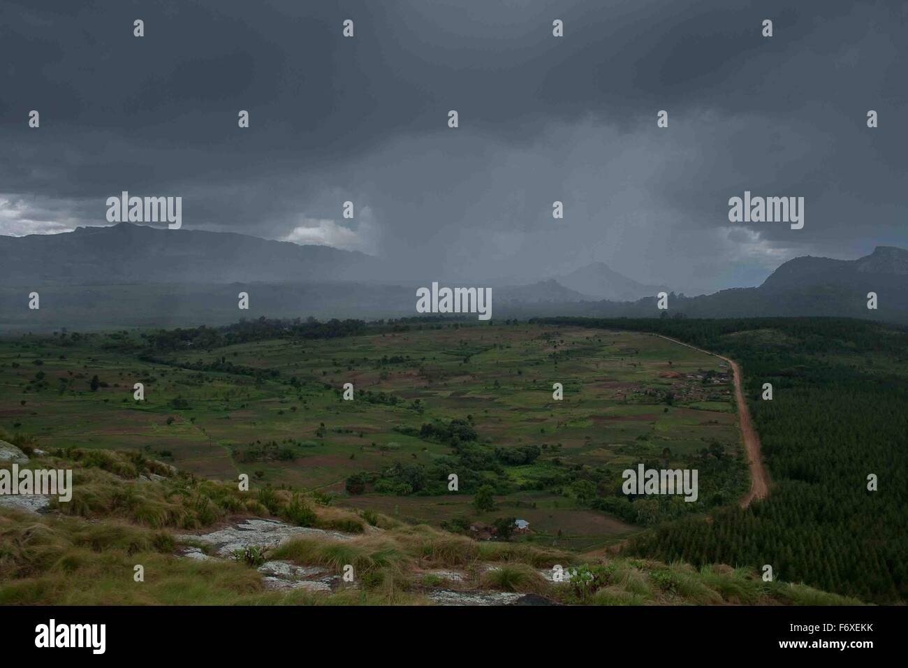 Dedza Mountain and valley masked by rain and cloud during Malawi rainy ...