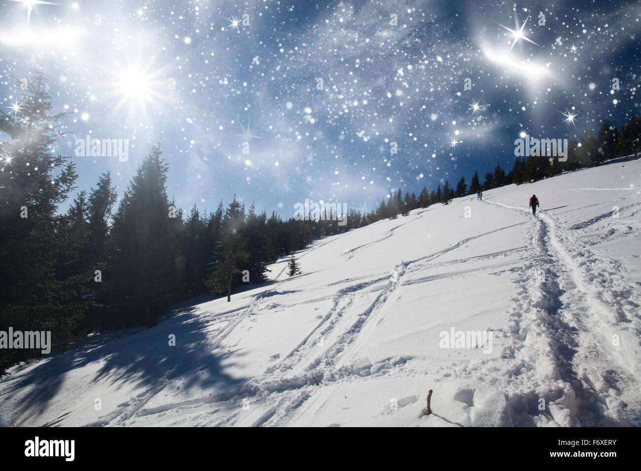 Christmas background with snowy path on the hillside Stock Photo - Alamy