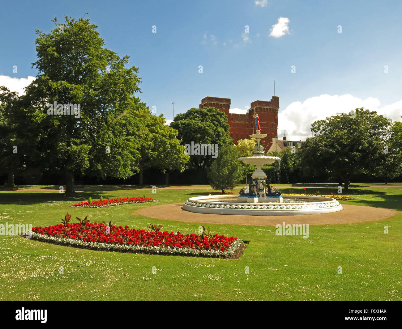 The cast iron fountain and former Jellalabad Barracks in Vivary Park ...