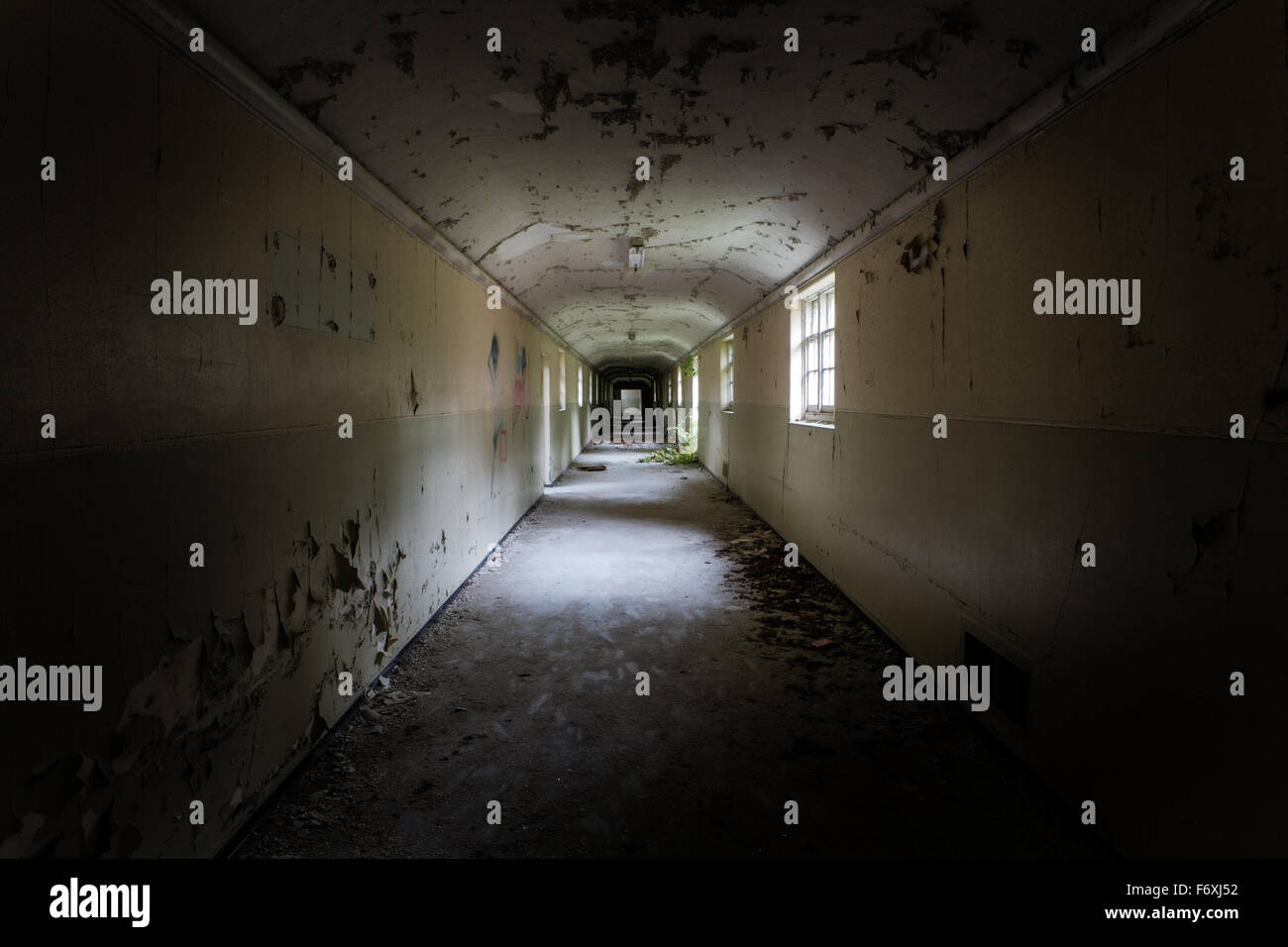 inside view of a deserted run down building Stock Photo - Alamy