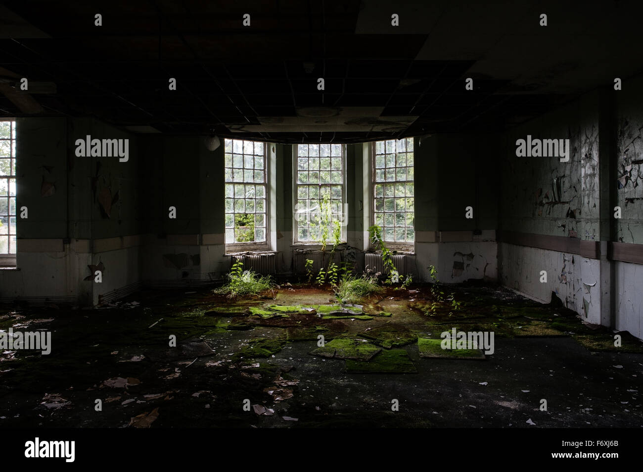 inside view of a deserted run down building Stock Photo - Alamy