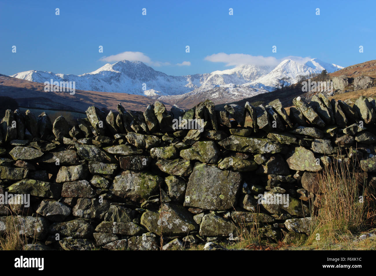 Snowdon mountain with covering of snow in snowdonia national park Wales ...