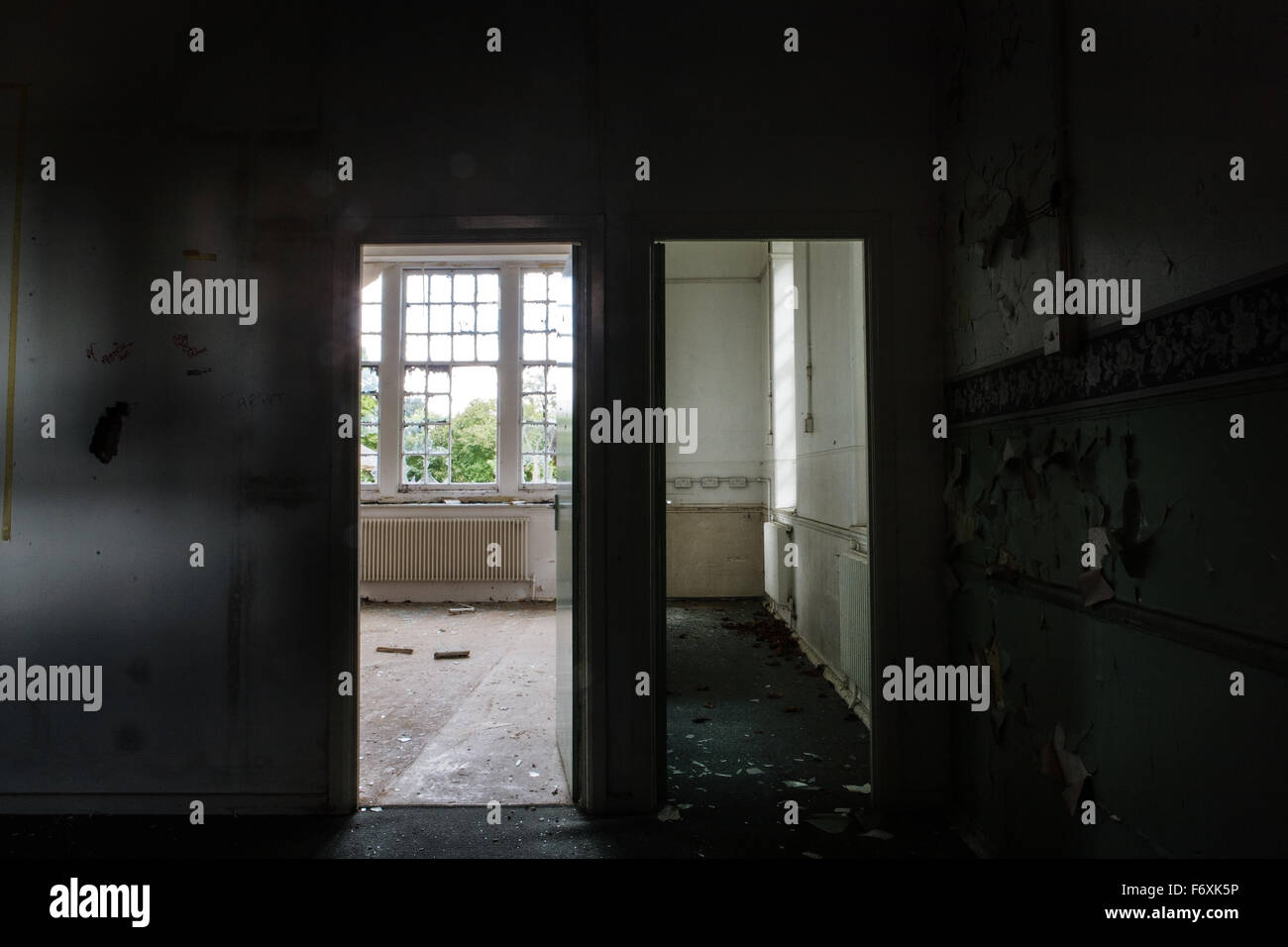 inside view of a deserted run down building Stock Photo - Alamy