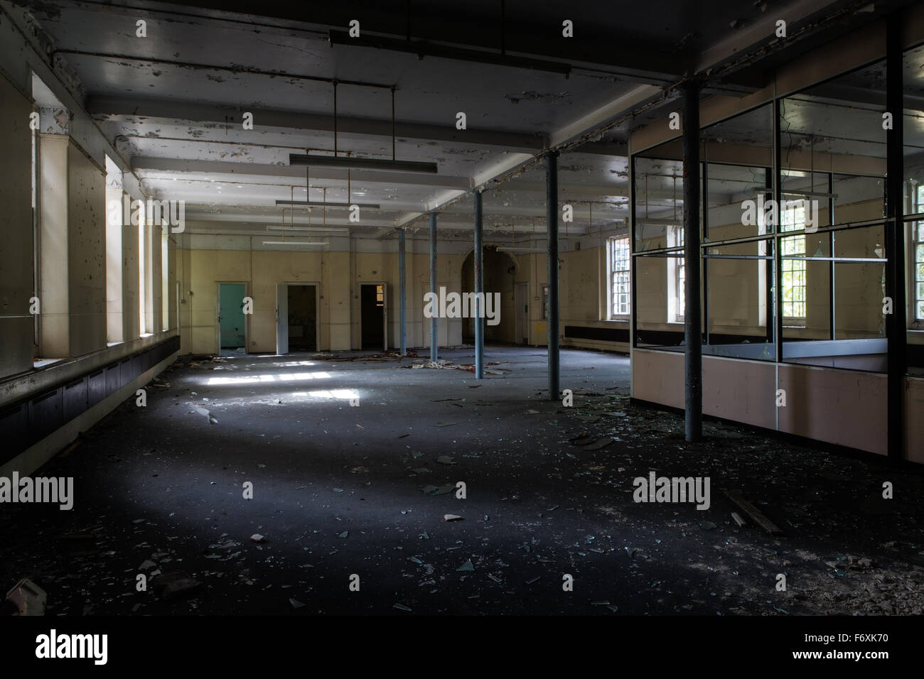 inside view of a deserted run down building Stock Photo - Alamy