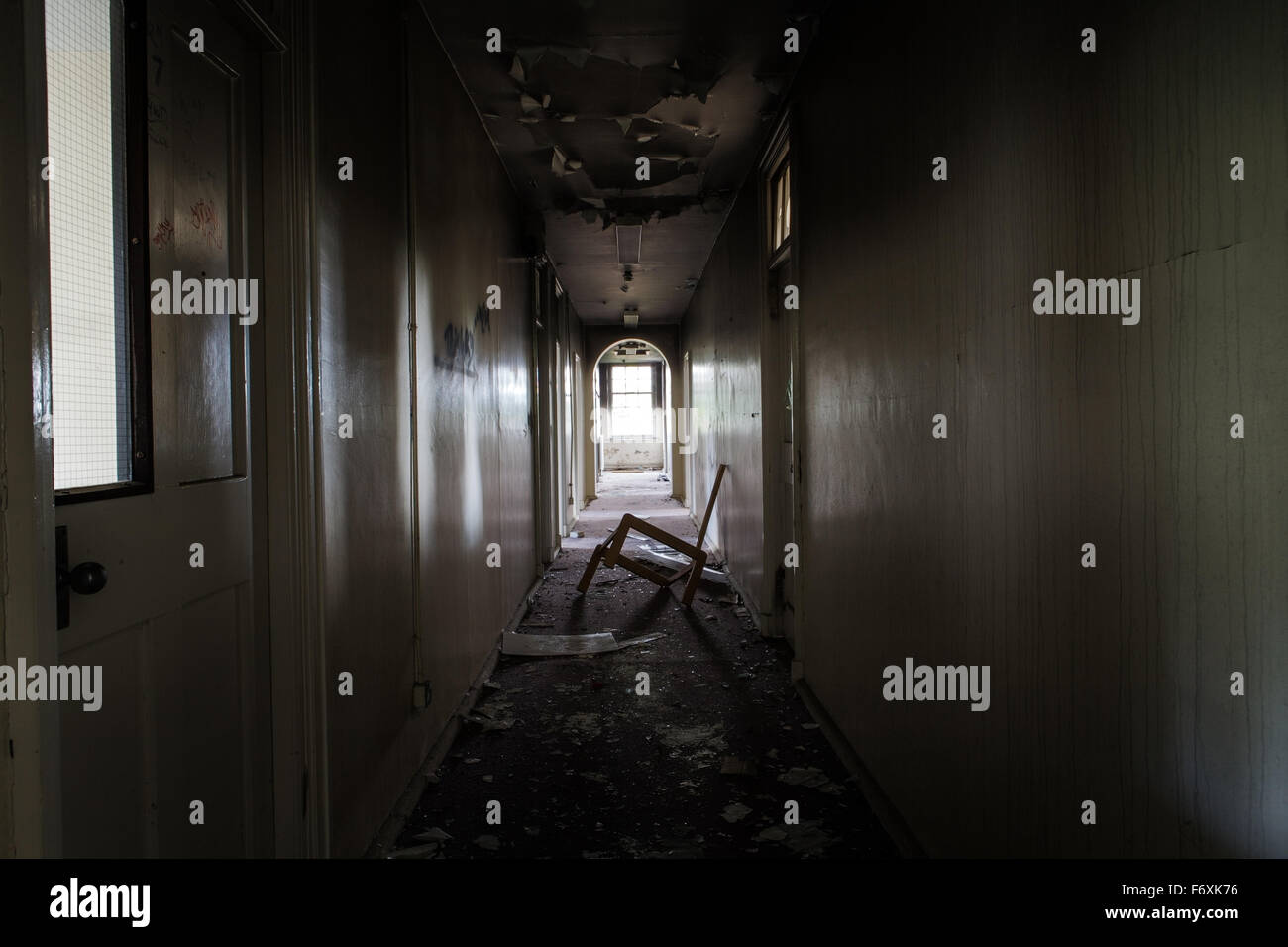 inside view of a deserted run down building Stock Photo - Alamy