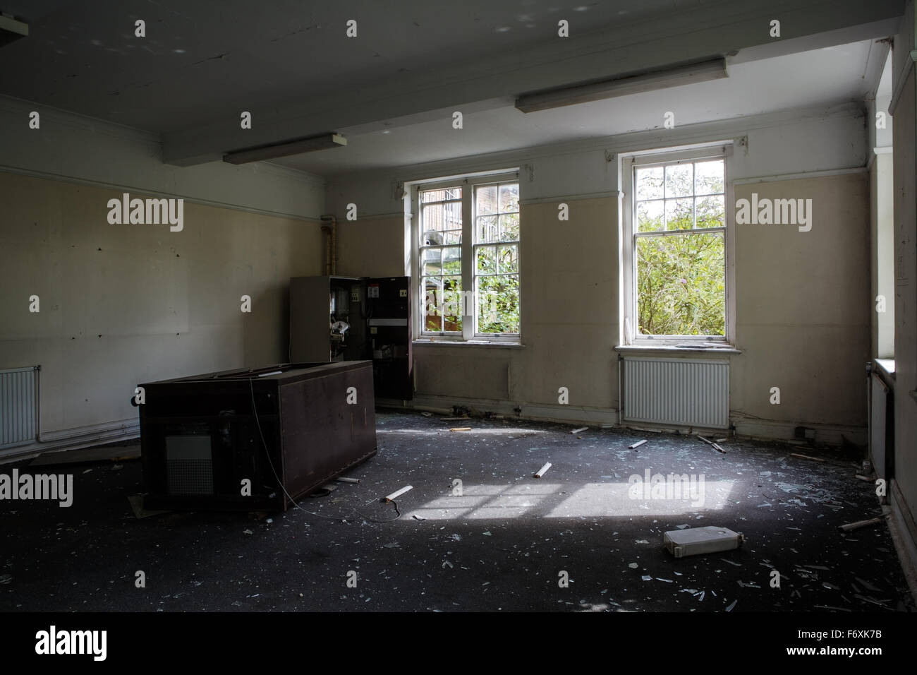 inside view of a deserted run down building Stock Photo - Alamy