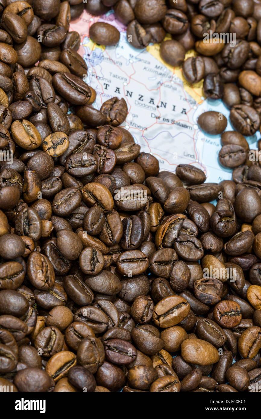 Geographical map of Tanzania covered by a background of roasted coffee ...